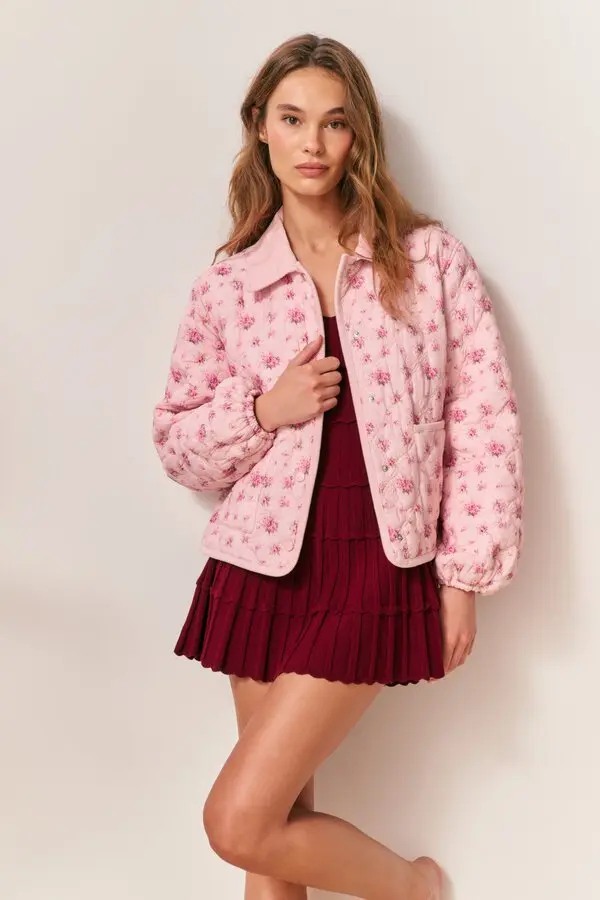 LoveShackFancy Quinlette Floral Quilted Jacket - Raspberry Fields