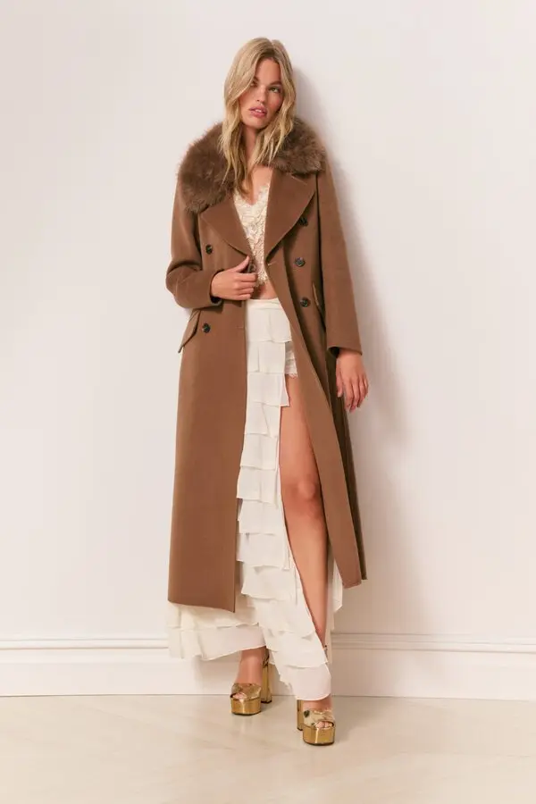 LoveShackFancy Char Faux Fur Collar Wool Coat - Camel