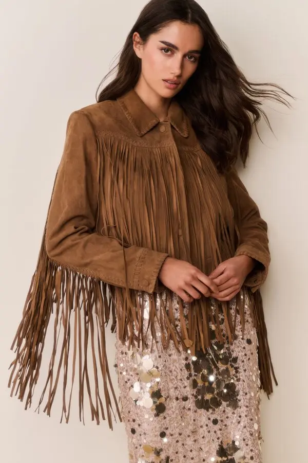 LoveShackFancy Maelis Suede Fringe Jacket - Tan
