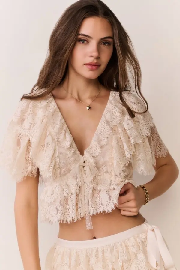 LoveShackFancy Caper Lace Ruffle Crop Top - Nude
