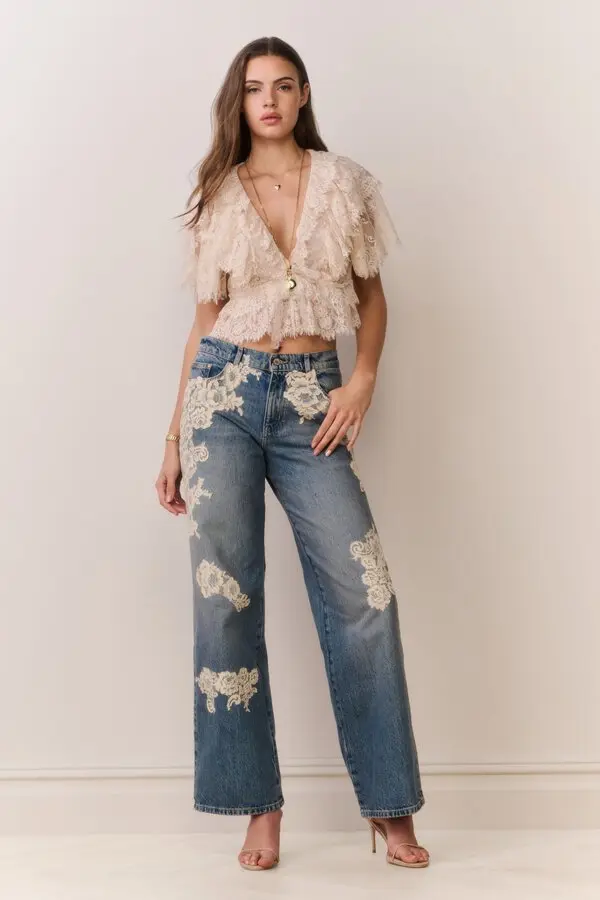 LoveShackFancy Caper Lace Ruffle Crop Top - Nude