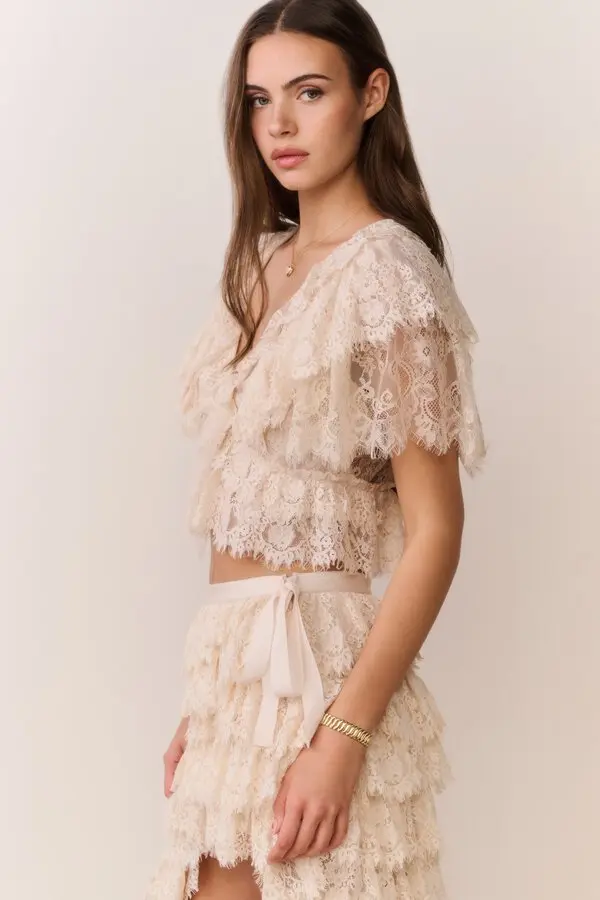 LoveShackFancy Caper Lace Ruffle Crop Top - Nude