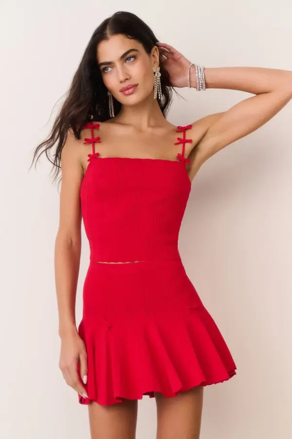 LoveShackFancy Meryl Rib Pointelle Mini Skirt - Candy Apple