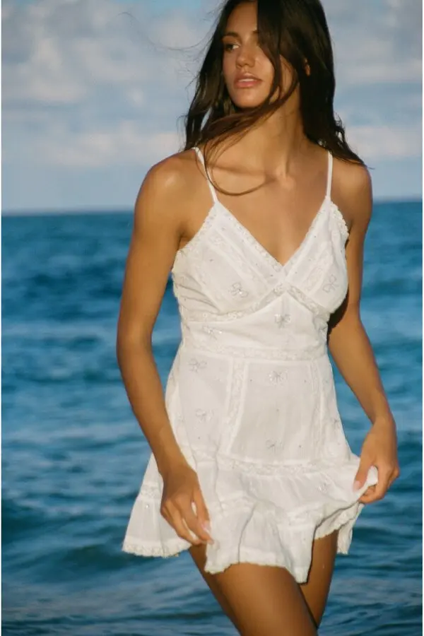 LoveShackFancy Solbina Crystal Bow Cotton Mini Dress - White