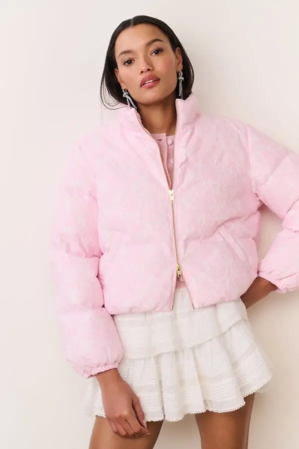 LoveShackFancy Celesta Lace Puffer Jacket - Soft Pink