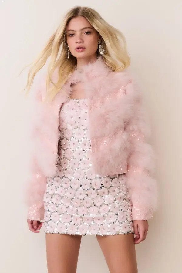 LoveShackFancy Curran Feather & Sequin Jacket - Pink
