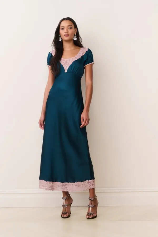 LoveShackFancy Taylis Satin Lace Maxi Dress - Emerald Green