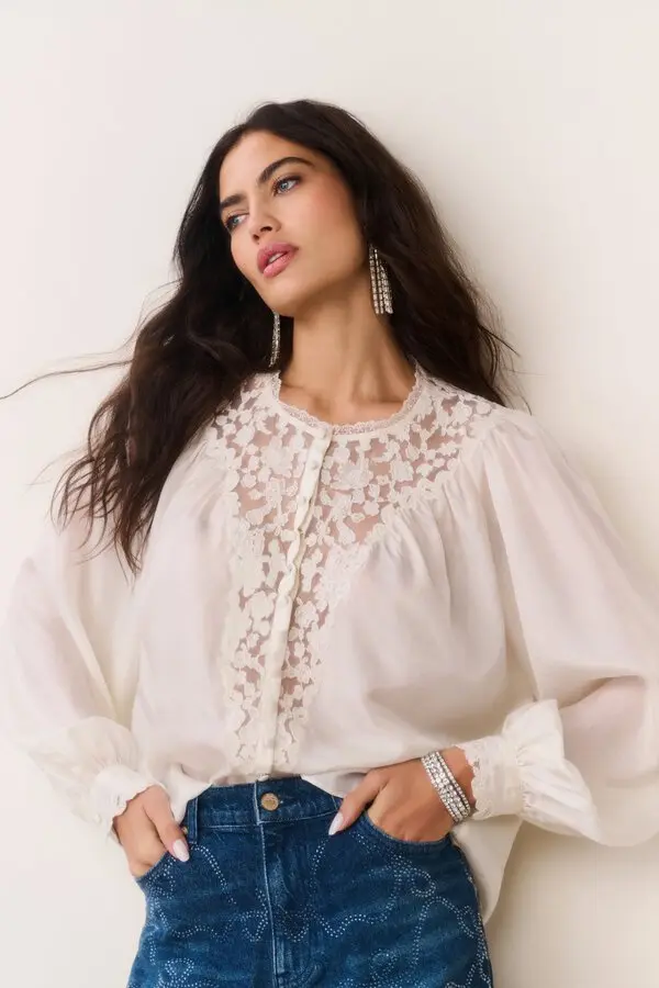 LoveShackFancy Carine Silk Lace Blouse - Ivory