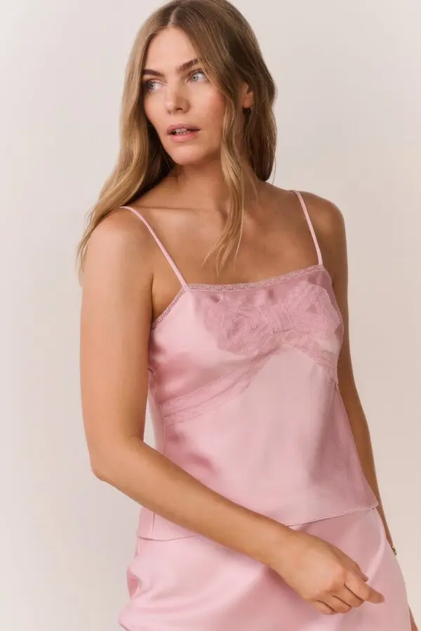 LoveShackFancy Arise Lace Bow Satin Top - Black