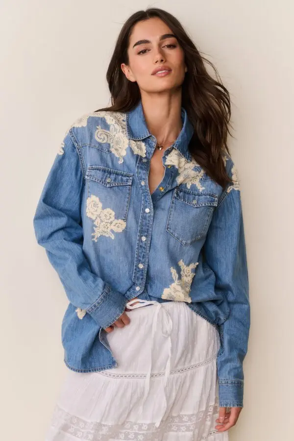 LoveShackFancy Kelith Lace Appliqué Chambray Shirt