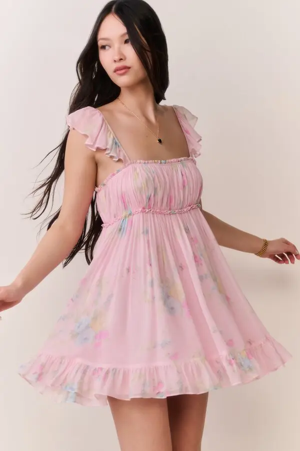 LoveShackFancy Zanira Floral Chiffon Mini Dress - Candied Sugar