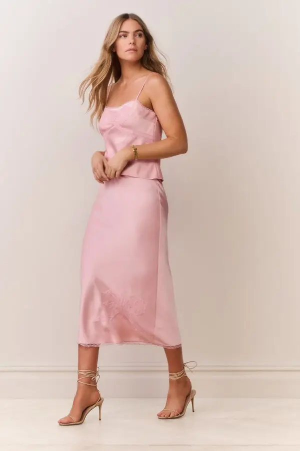LoveShackFancy Vallis Lace Bow Satin Midi Skirt - Black