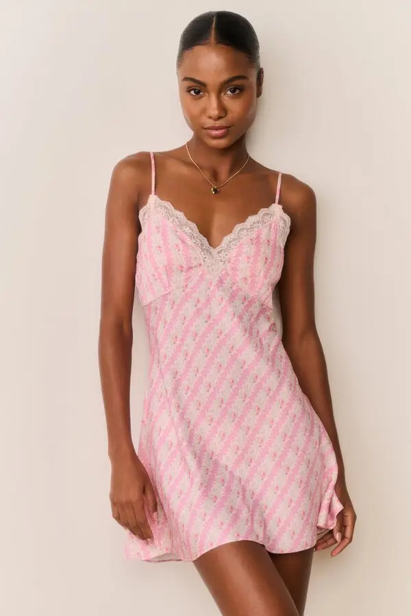 LoveShackFancy Lorinda Heirloom Print Mini Slip Dress - Strawberry Macaroon