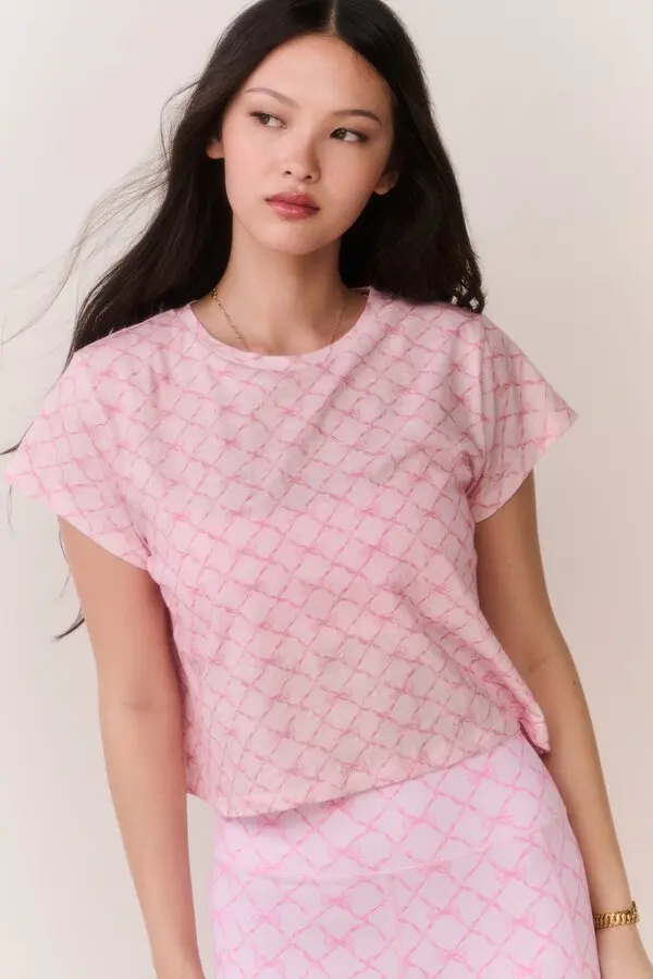 LoveShackFancy Sweetheart Rubin Cropped Tee - Pink Peppermint