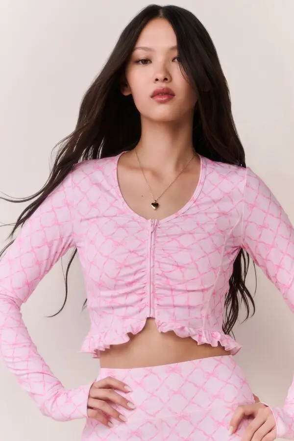 LoveShackFancy Medway Printed Zip-up Active Top - Pink Peppermint