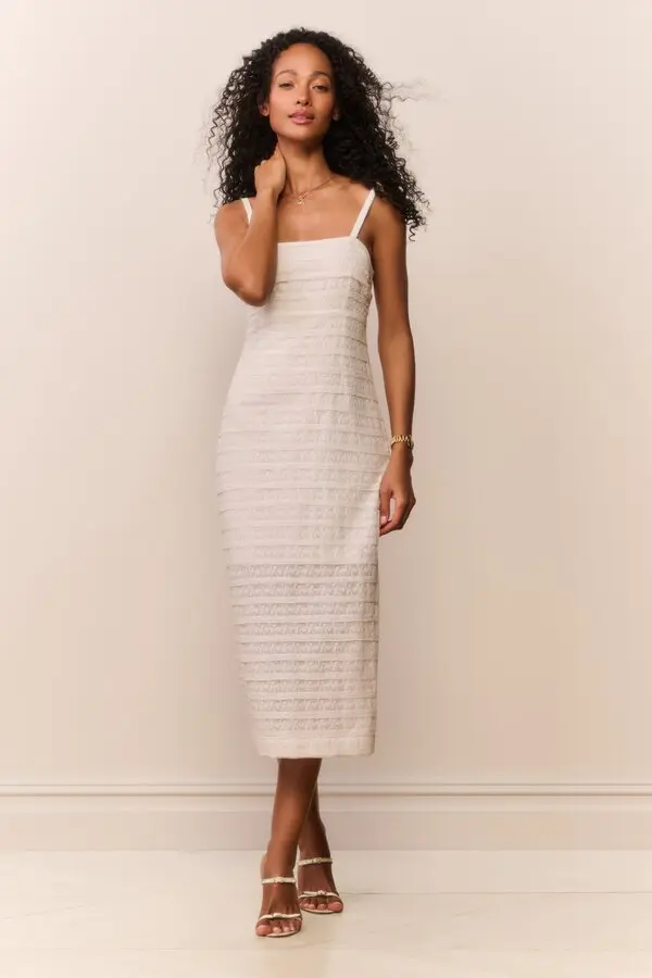 LoveShackFancy Verna Lace Stripe Midi Dress - White