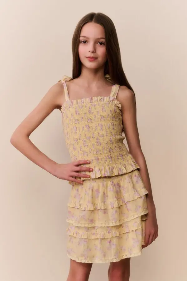LoveShackFancy Tween Floral Blooms Billie Skirt - Lemon Spritz