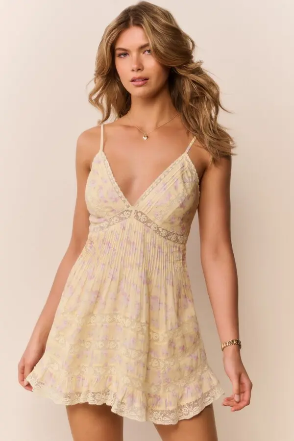 LoveShackFancy Alonna Blooming Floral Mini Dress - Lemon Spritz