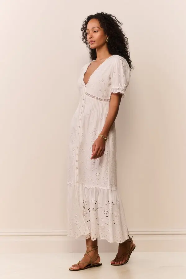 LoveShackFancy Tarragon Cotton Bandana Eyelet Midi Dress - Pale Lilac