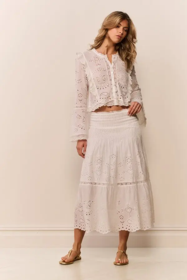 LoveShackFancy Mallow Cotton Bandana Eyelet Midi Skirt