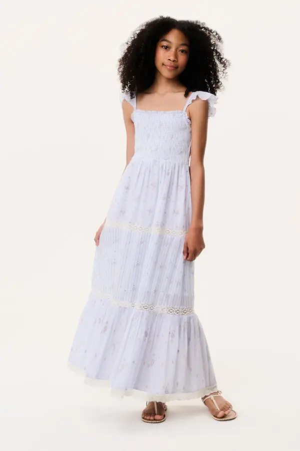 LoveShackFancy Tween Rhiannon Striped Floral Dress - Sky Mist