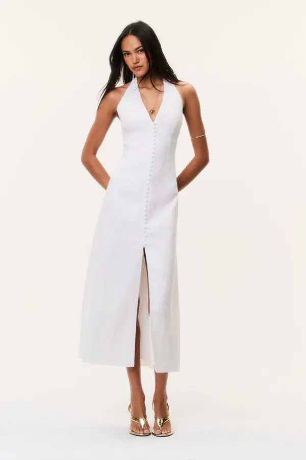 LoveShackFancy Lovis Linen Halter Maxi Dress - White