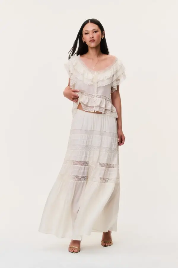 LoveShackFancy Nivine Silk Lace Maxi Skirt - Ivory