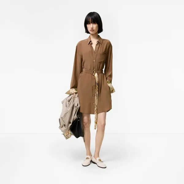 Burberry Silk Crepe De Chine Shirt Dress With Charm Print - Puddle Brown