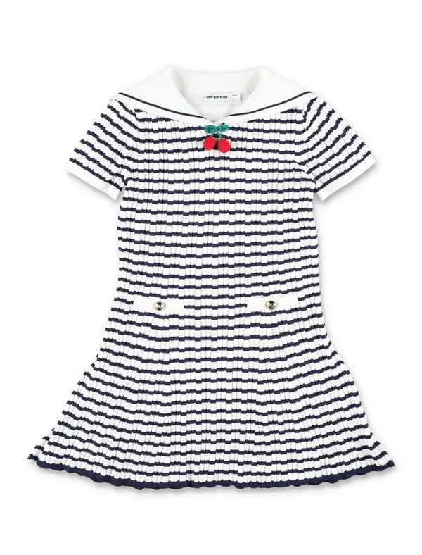 SELF-PORTRAIT Textured Pointelle Sailor Knit Dress With Cherry Appliqué & Button Detail - Cream Blue