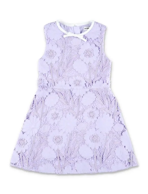 SELF-PORTRAIT Floral Guipure Lace Mini Dress With Contrast Neckline Bow - Viola