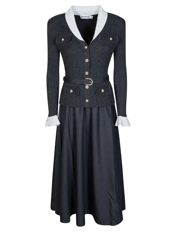 SELF-PORTRAIT Knit Twill Belted Midi Dress With White Collar