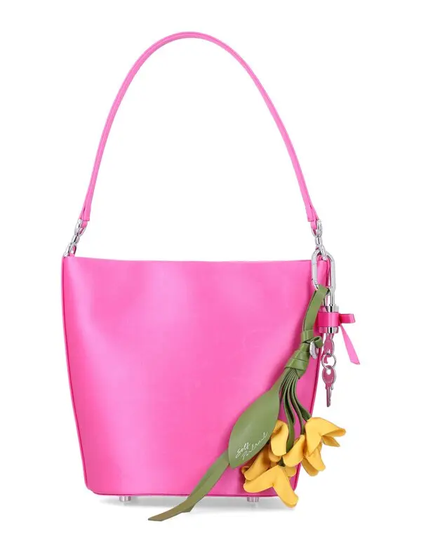 SELF-PORTRAIT Mini Satin Bucket Handbag With Removable Charms, Central Magnetic Closure & Mirror - Rosa