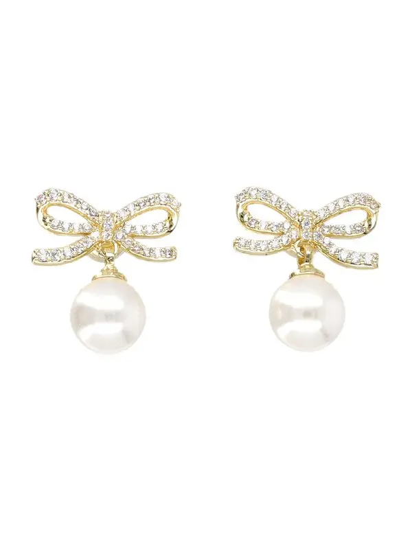 SELF-PORTRAIT Bow Stud Earrings With Crystals And Faux Pearls - Oro