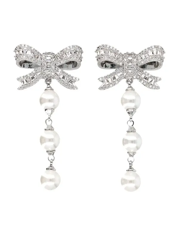 SELF-PORTRAIT Silver-tone Bow Drop Earrings With Faux Crystal And Faux Pearl Droplets - Argento