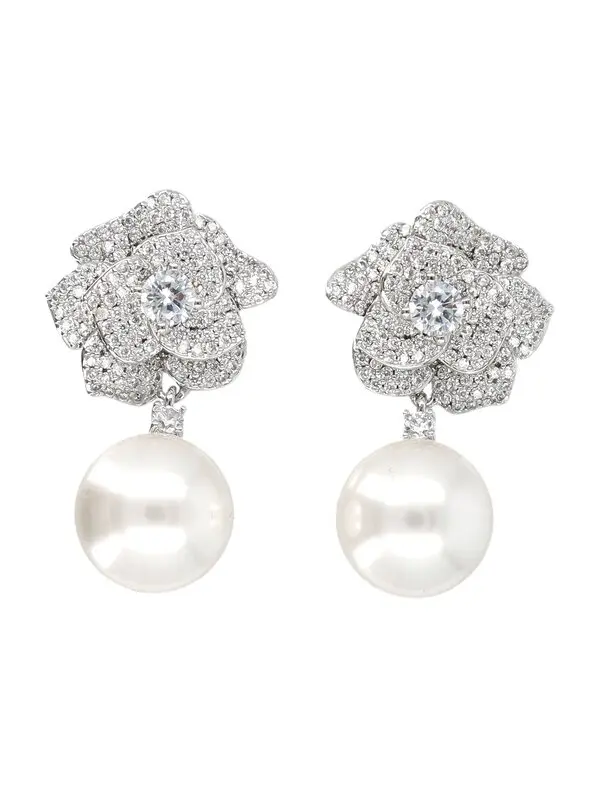 SELF-PORTRAIT Crystal And Faux Pearl Floral Drop Earrings - Argento