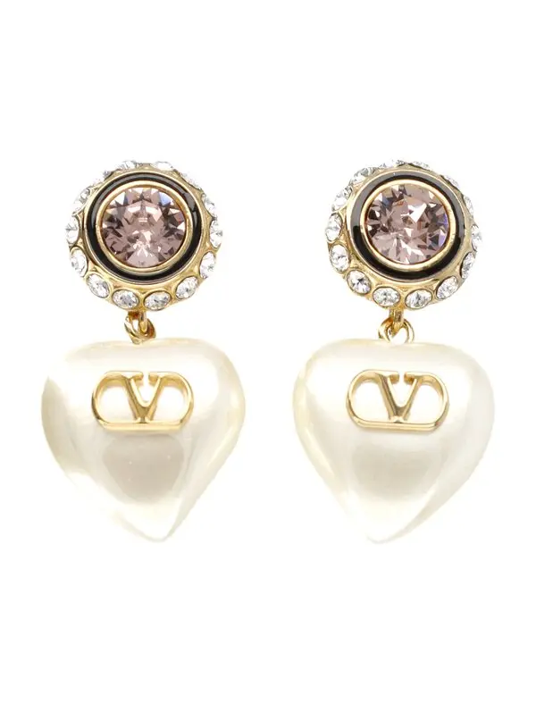 Valentino Garavani Vlogo Signature Heart Drop Earrings With Crystal Embellishments - Goldcream