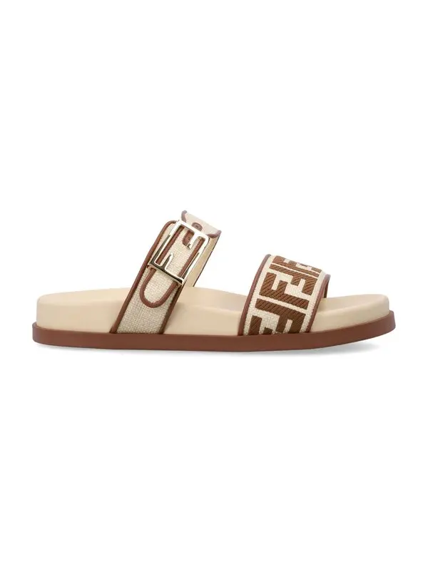 Fendi Raffia-effect Double-band Flat Sandals With Ff Handbaguette Buckle - Beige Brown