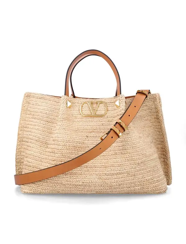 Valentino Garavani Mini Raffia Shopping Handbag With Metallic Vlogo Signature And Adjustable Strap - Beige