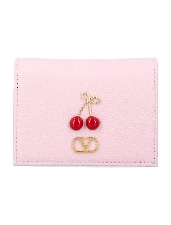 Valentino Garavani Compact Leather Wallet With Cherry Metal & Enamel Detail, Antique Brass-tone Hardware - Rose Quartz