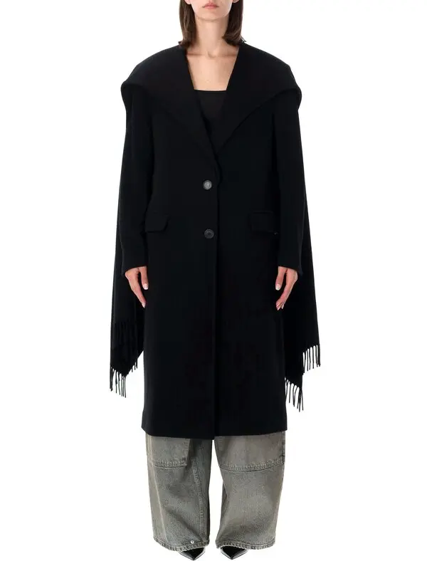 Attico Long Wool-blend Coat With Fringed Scarf