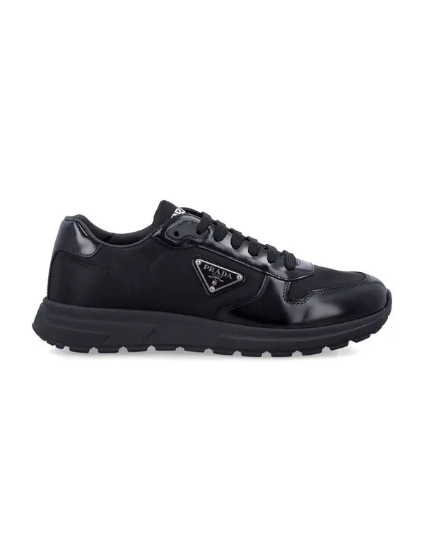 Prada Technical Nylon And Calf Leather Lace-up Sneakers With Enamel Triangle Logo