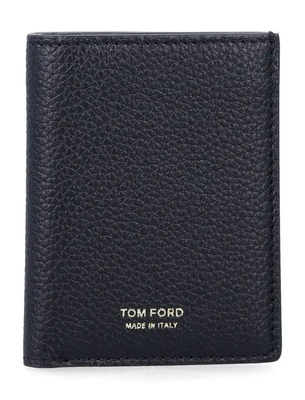 TOM FORD Mini Grained Leather Folding Card Case With Gold-tone Monogram Hardware - Nero