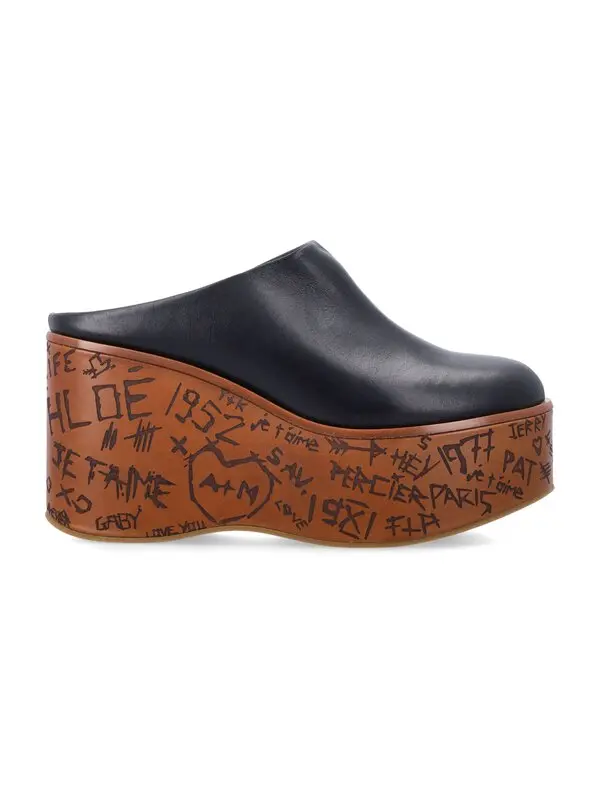 Chloé Maxime Graffiti Print Leather Slip-on Wedge Sandals - Nero