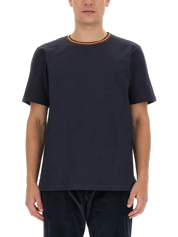 Paul Smith Regular Fit Organic Cotton T-shirt With Neck Stripe Logo - Blue