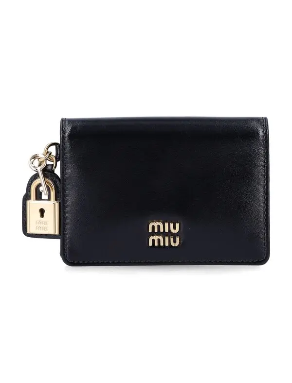 Miu Miu Mini Cardholder Wallet In Calf Leather With Gold-tone Logo & Padlock Charm