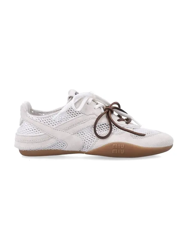 Miu Miu Lightweight Mesh And Suede Lace-up Sneakers With Tpu Sole - Bianco