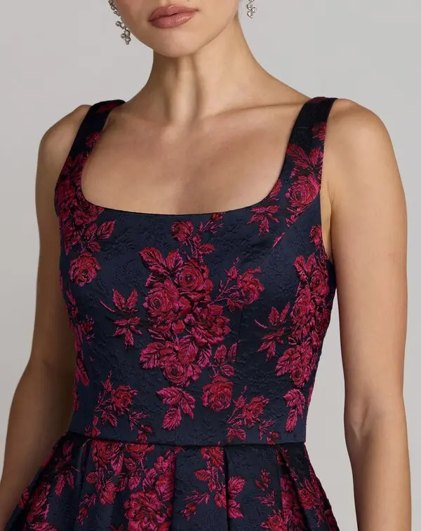 Mac Duggal Navy Brocade Floral A-line Dress With Pockets