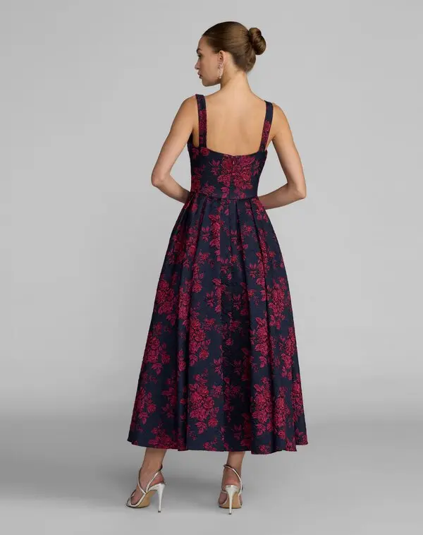 Mac Duggal Navy Brocade Floral A-line Dress With Pockets