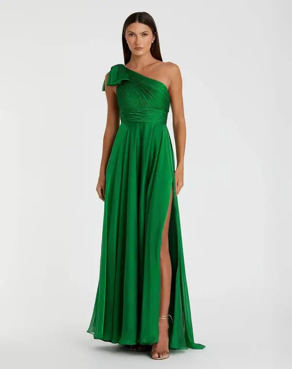 Mac Duggal Sleeveless One Shoulder Pleated Gown - Green