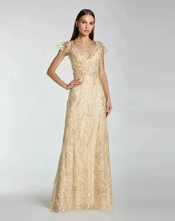 Mac Duggal Petite V-neck Flutter Sleeve Floral Embroidered Gown - Gold